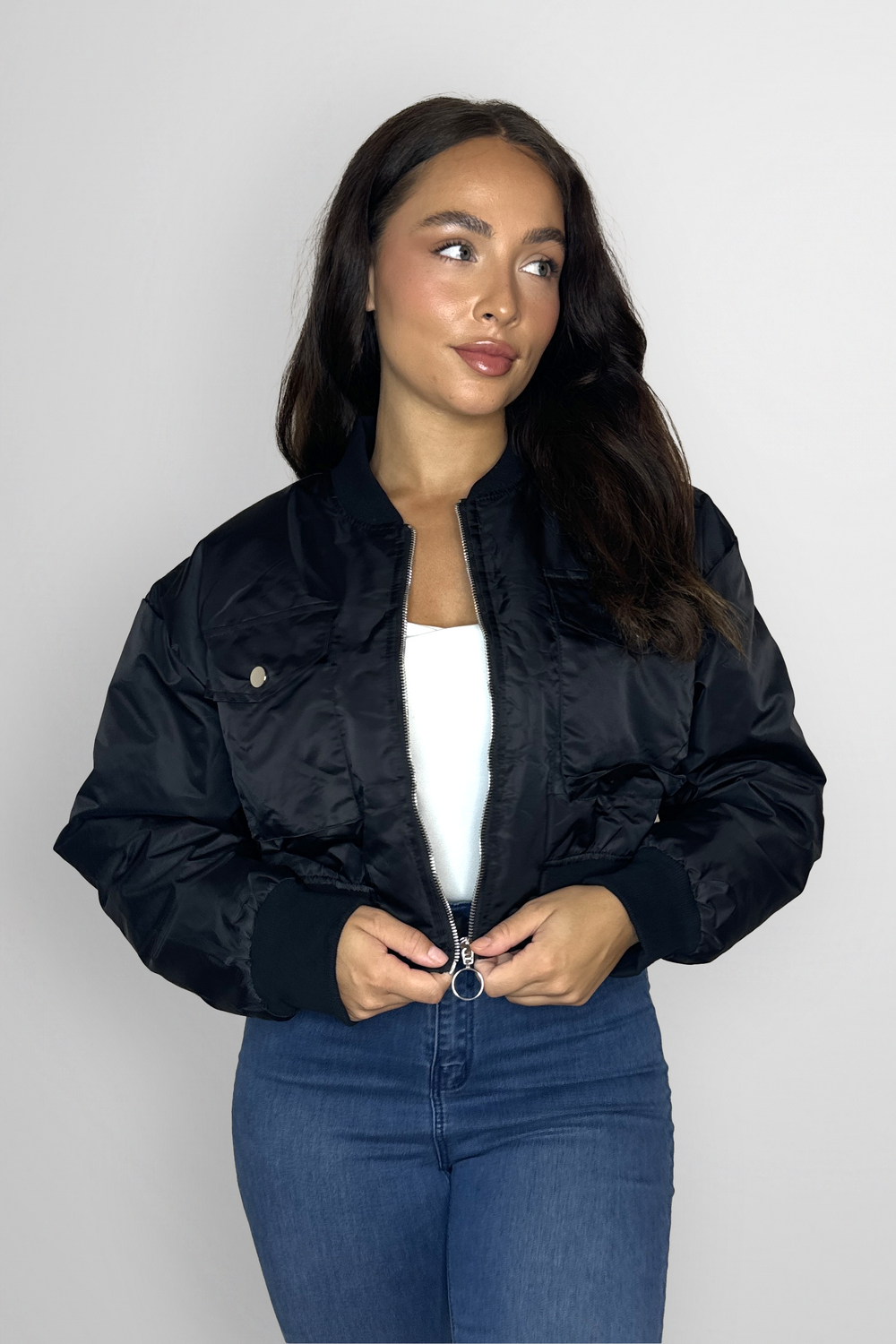 Large Front Pocket Relaxed Fit Short Bomber Jacket
