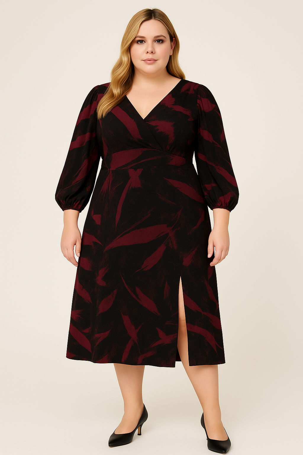 Abstract Print Empire Waist Low Cut Side Slit Long Satin Dress